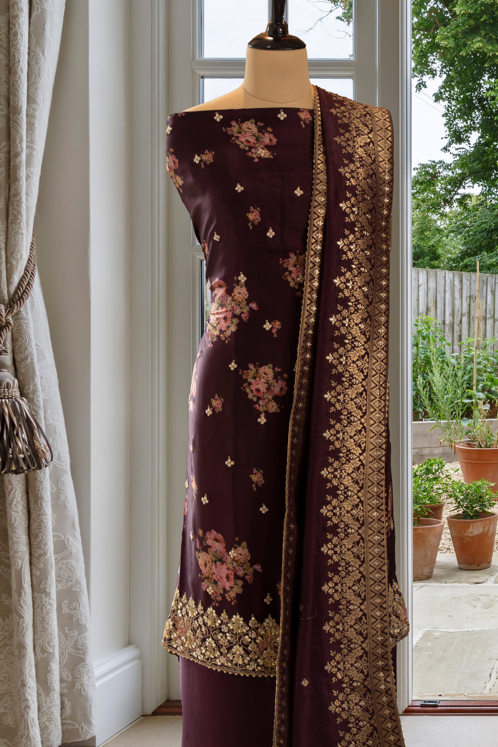 Plum Organza Floral Print and Zari work Suit – Manjini