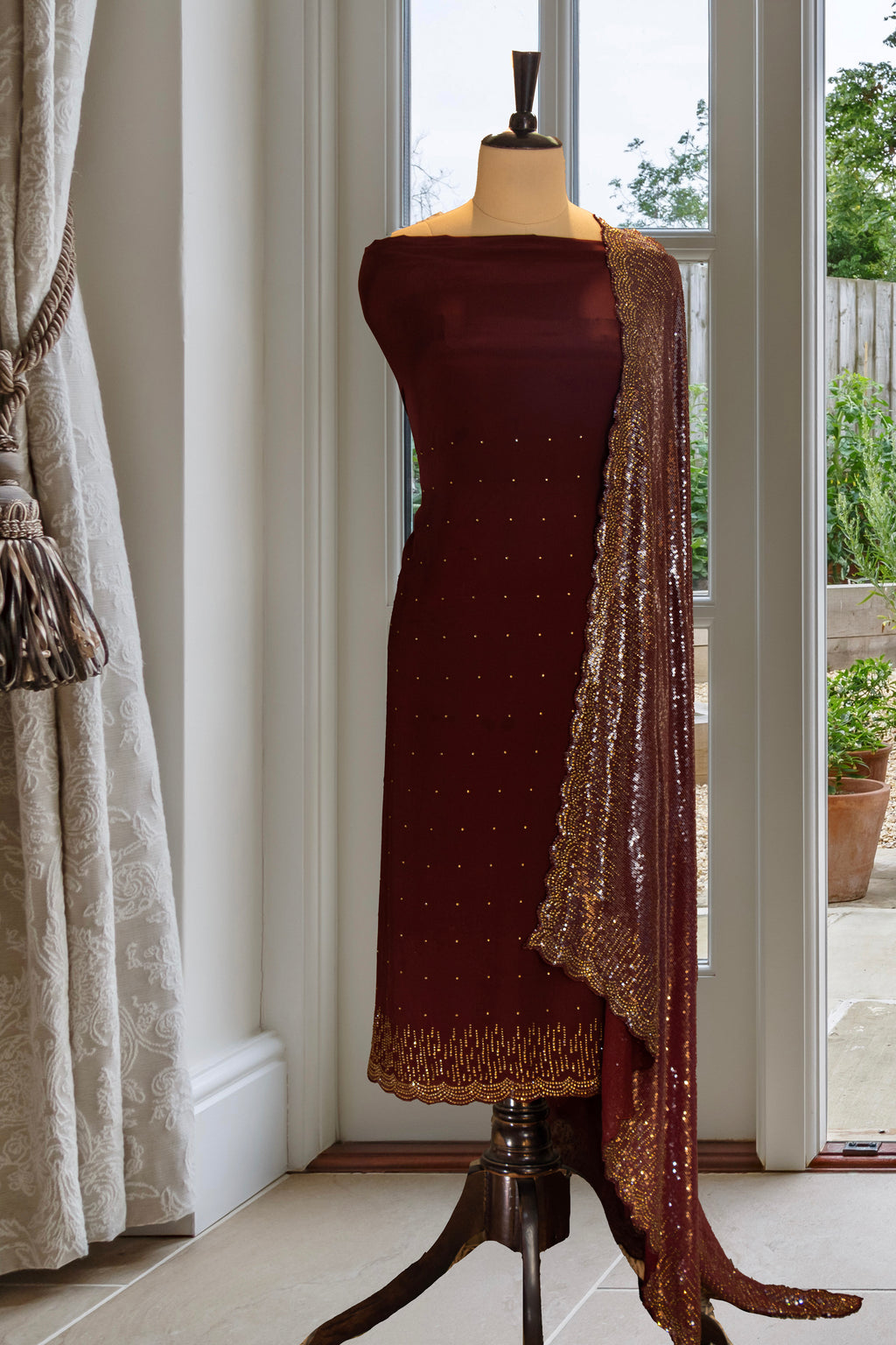 Maroon Crepe Swarovski Suit – Manjini