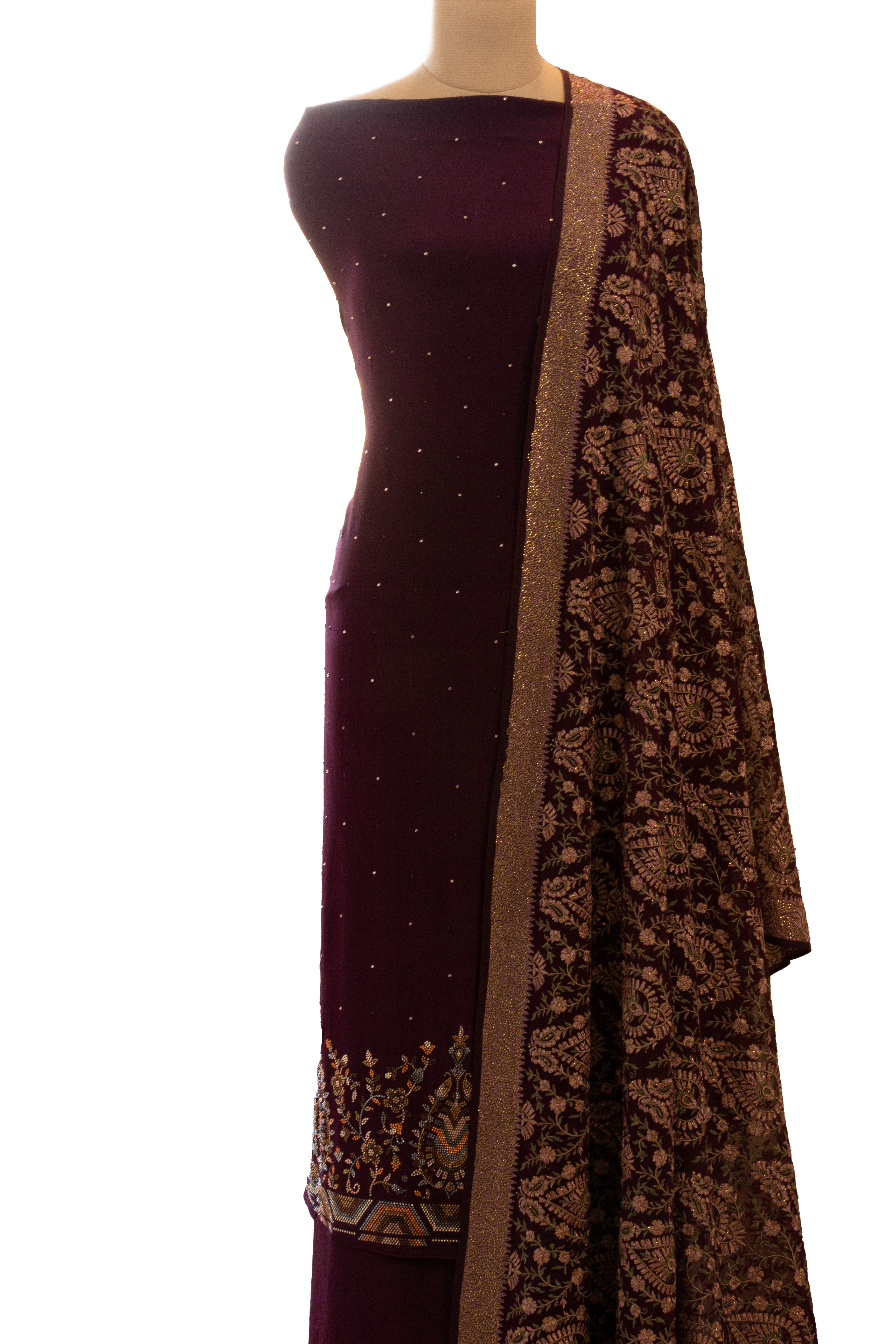 Plum Crepe Multi Coloured Swarovski Suit – Manjini