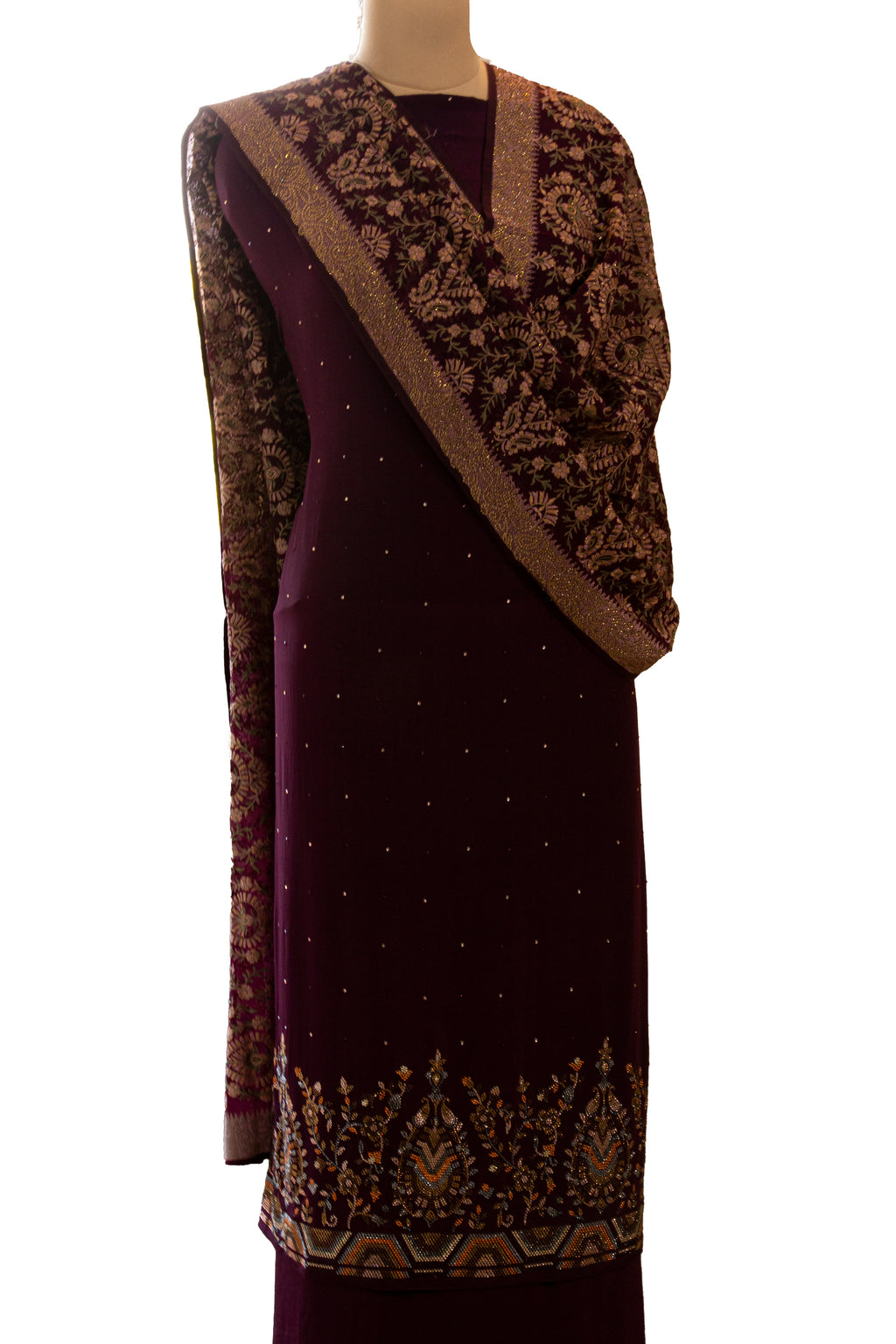 Plum Crepe Multi Coloured Swarovski Suit – Manjini